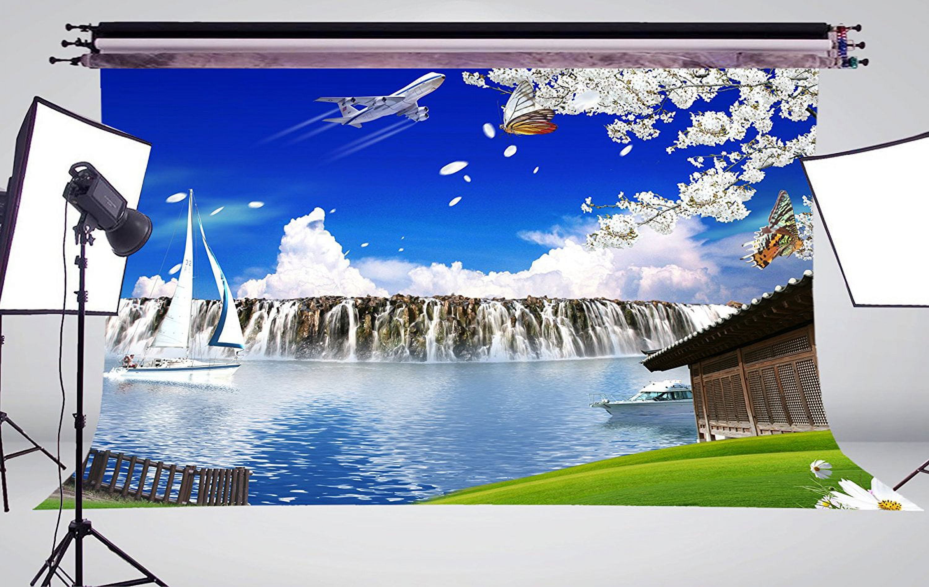 7x5ft The Plane Fly Over The Waterfall Photo Background Photography ...