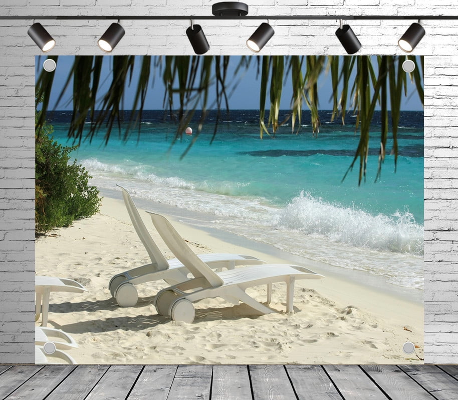 7x5ft Tropical Beach Backdrop – Sandy Shore, Beach Chairs, Palm Leaves ...