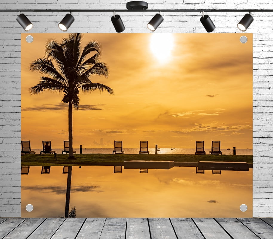 7x5ft Tropical Sunset Pool Backdrop – Palm Trees, Lounge Chairs & Ocean ...