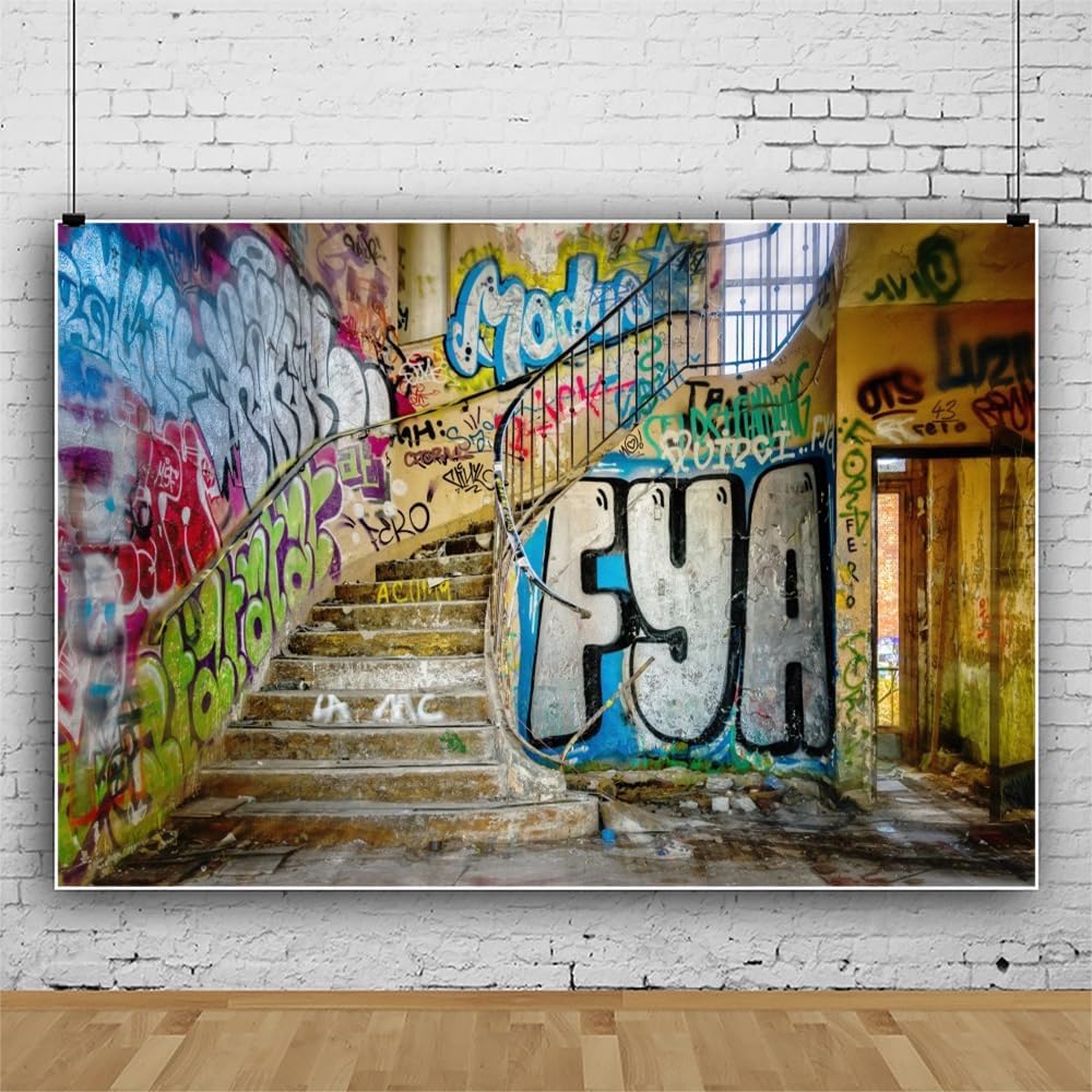 7x5ft Vinyl Urban Street Graffiti Wall Backdrop Retro Abandoned School ...