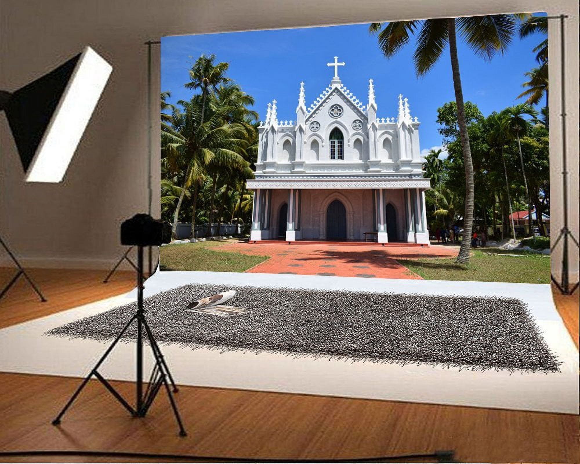7x5ft White Church Backdrop Cross Coconut Tree Red Brick Floor Grass ...