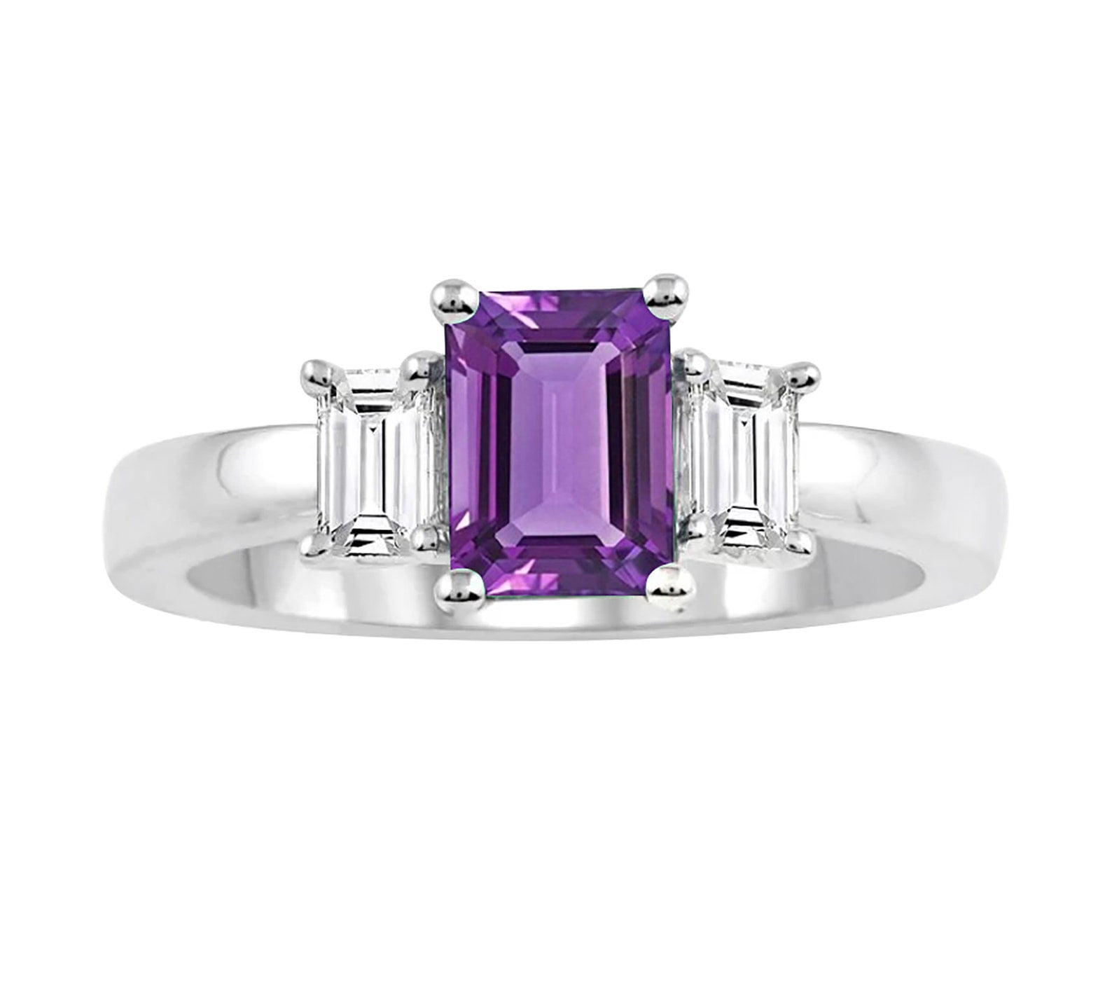7x5mm Emerald Cut Amethyst Ring 925 Sterling Silver Three Gemstone Ring ...