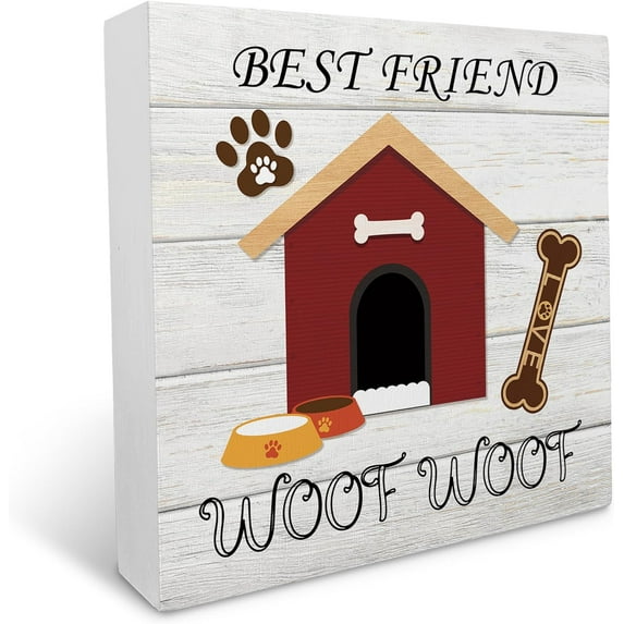 7x7 IN Best Friend Woof Woof Funny Dog Lovers Wooden Box Sign Rustic ...