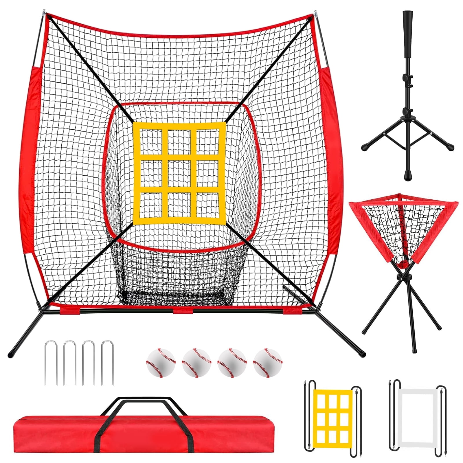 7x7ft Baseball Backstop Net Set with Batting Tee and 4 Baseballs ...