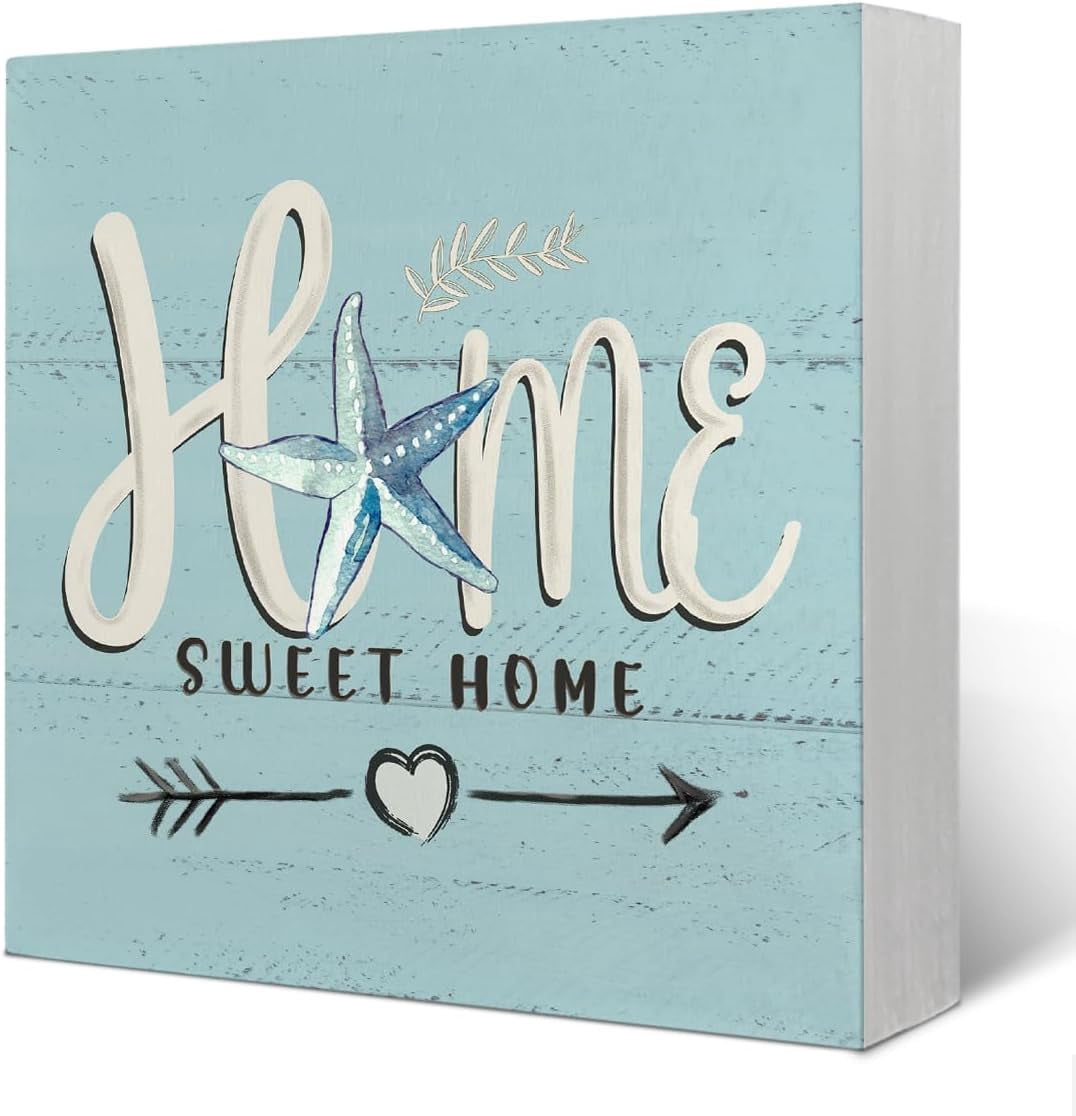7x7 IN Sea Starfish Home Sweet Home Wooden Box Sign Decor, Country Home ...