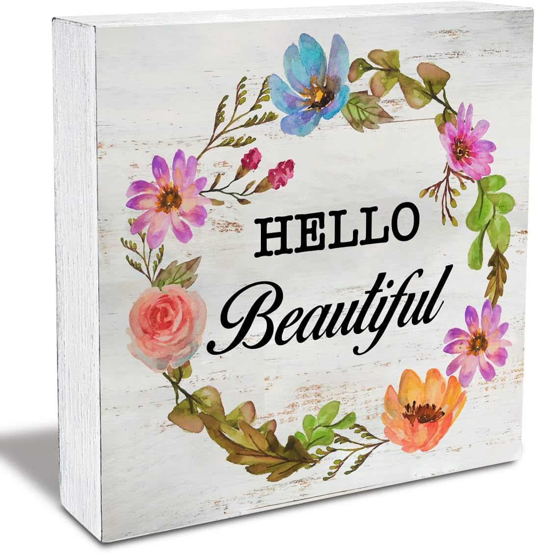 7x7 Inch Floral Hello Beautiful Wood Box Sign Rustic Wooden Box Sign ...
