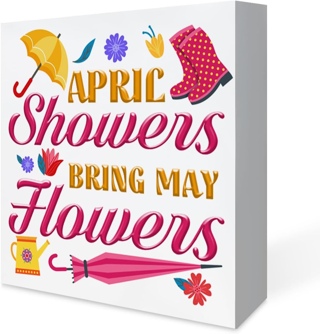 7x7 IN Spring Decor April Showers Bring May Flowers Wooden Sign ...