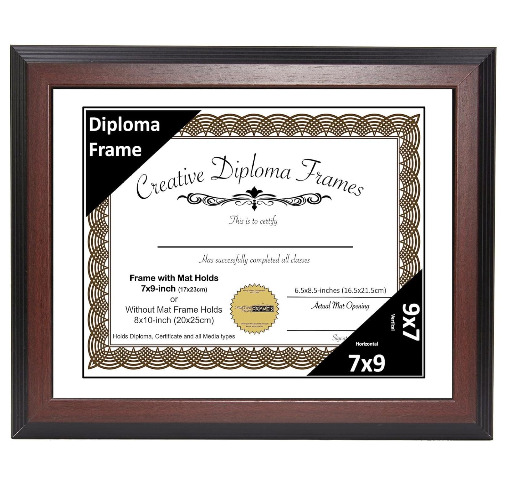 7x9 Mahogany Finish Diploma Frame with White Matting Holds 7 by 9-inch ...