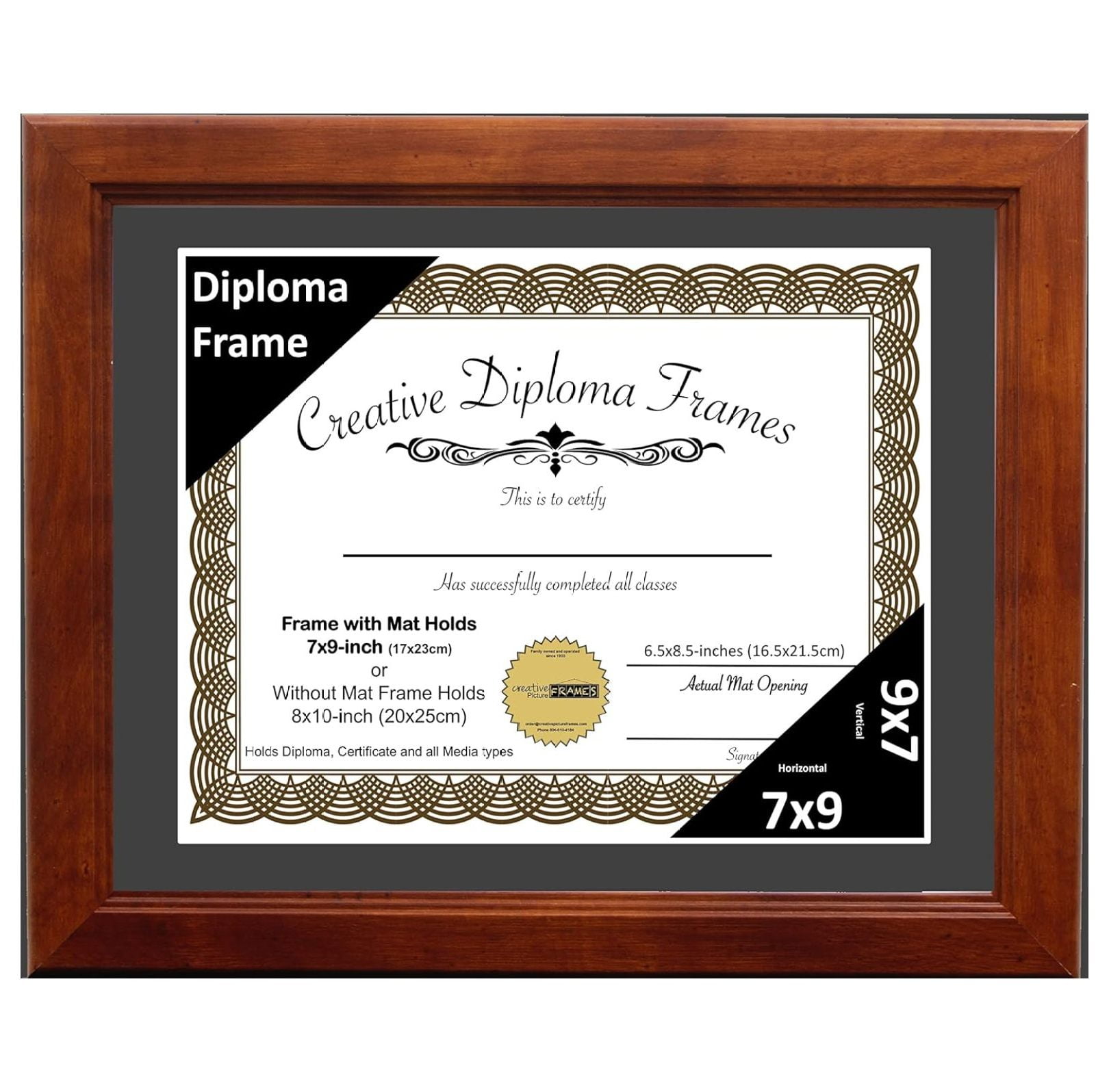 7x9 Walnut Finish Diploma Frame with Black Mat Glass Easel and ...