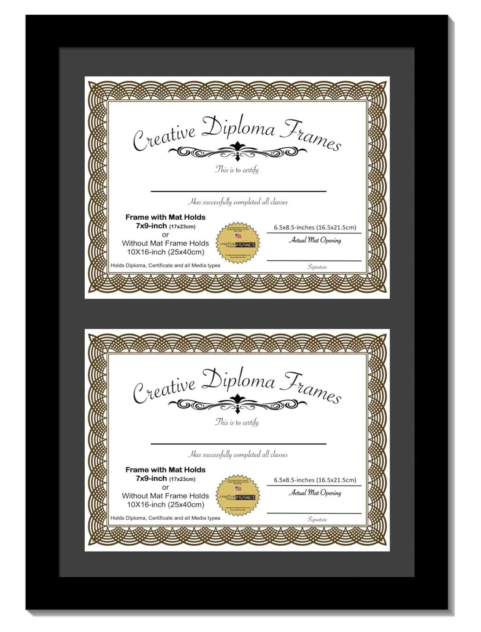 7x9 inch Classic Black Double Diploma Frame with Black Mat Glass and ...