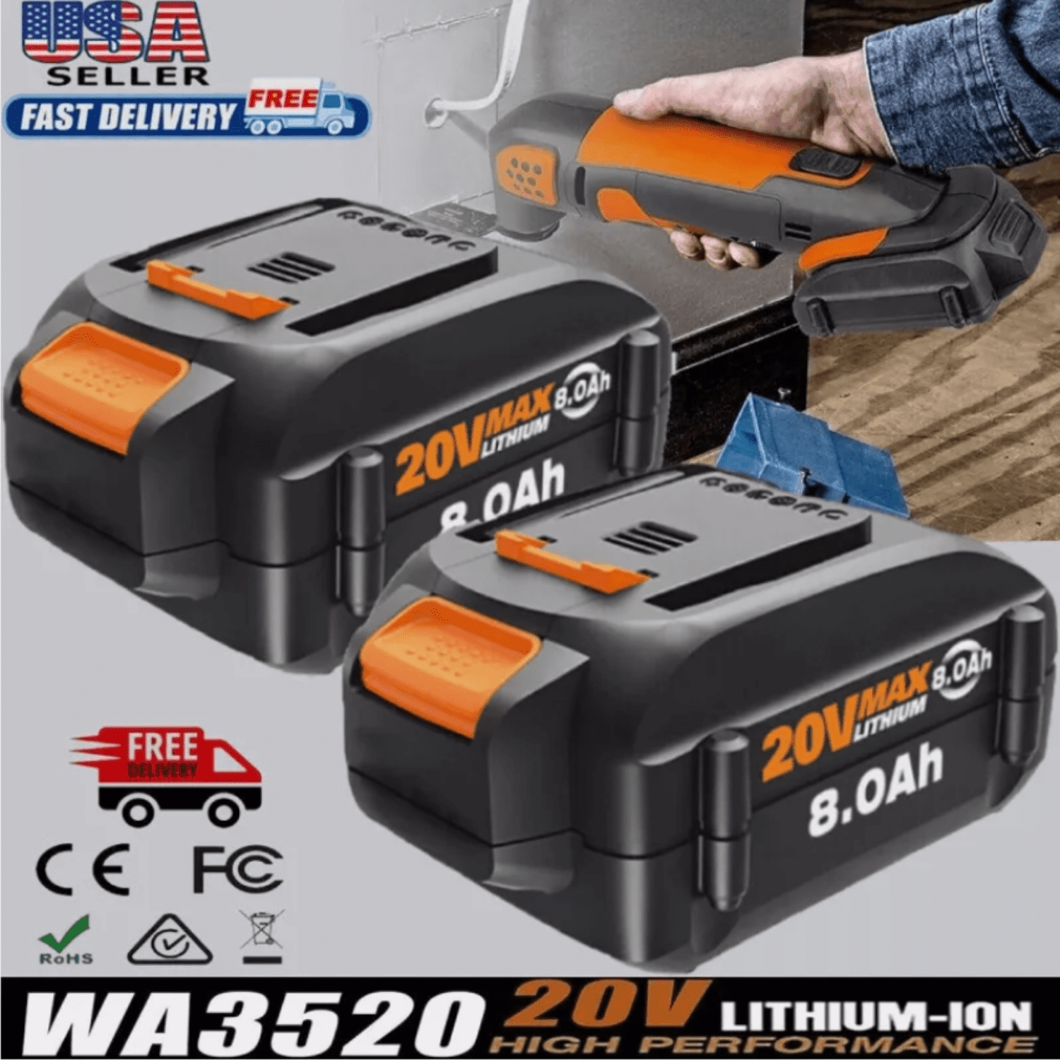 8.0AH WA3520 Replace for WORX WA3520 WA3525 WA3571 20V Power Share PRO ...