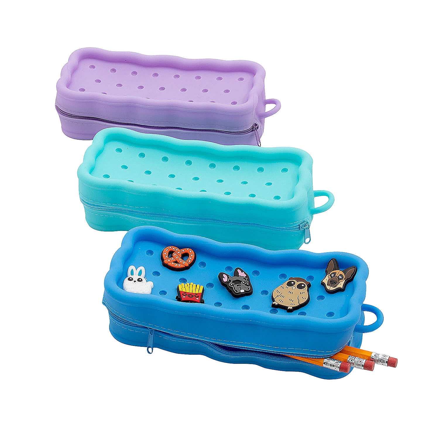 8 1/2" x 4" Light Blue, Green & Purple Rubber Charm Pencil Cases - 6 ...