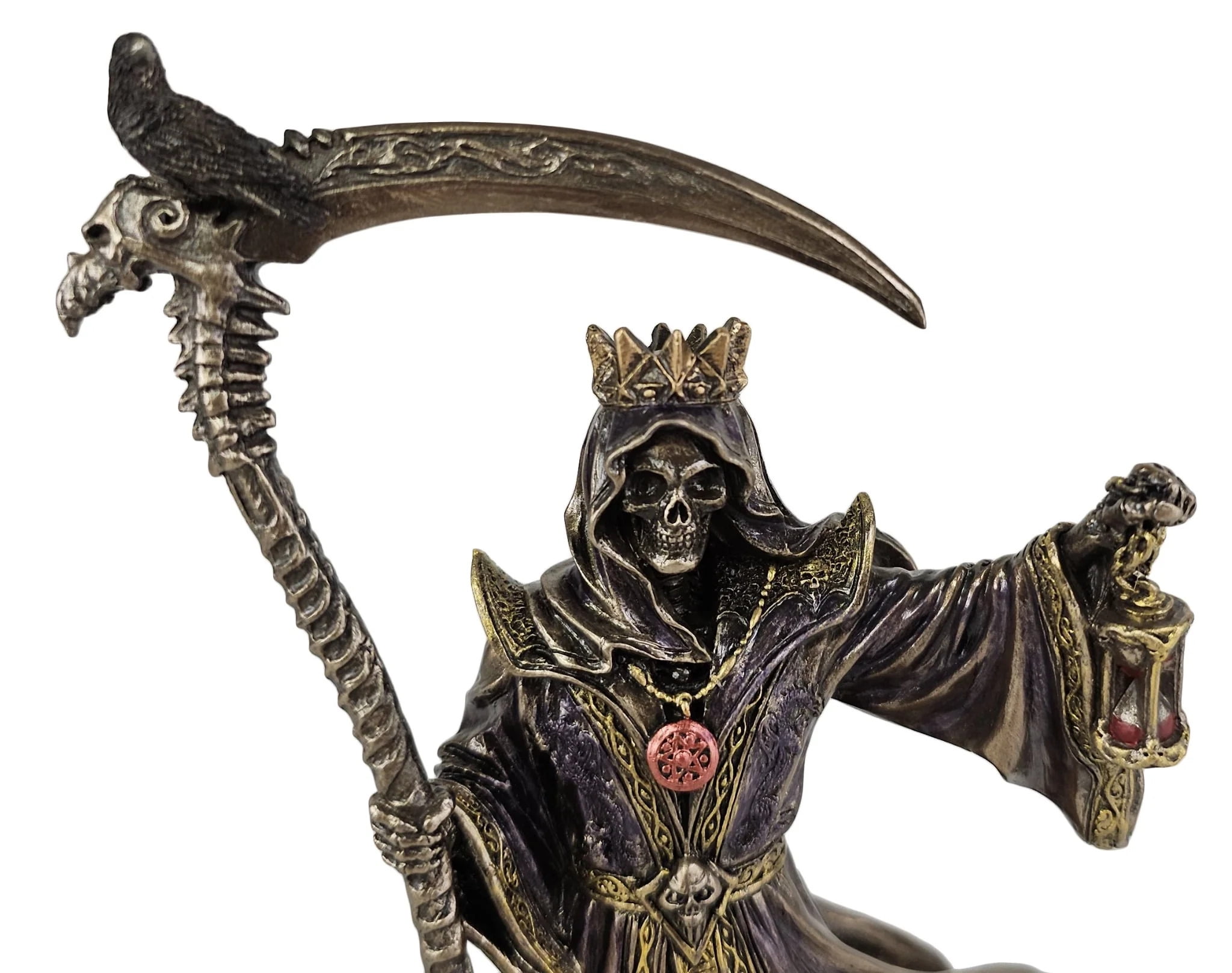8 1/4" Crowned Skeleton Reaper Holding Scythe and Hourglass Statue ...