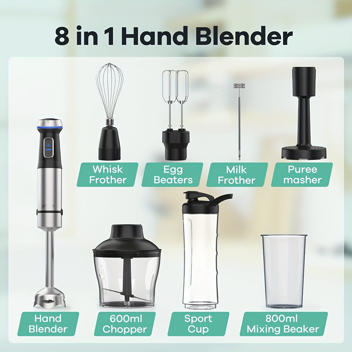 8 In 1 Immersion Blender, - 1000W Heavy Duty Motor, Meat Chopper, 16 ...