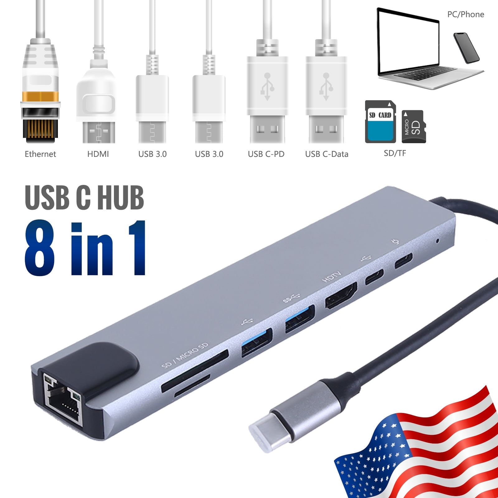 8 in 1 USB C Hub Multiport Adapter with 4K HDMI, 85W PD, USB 3.0 Ports ...