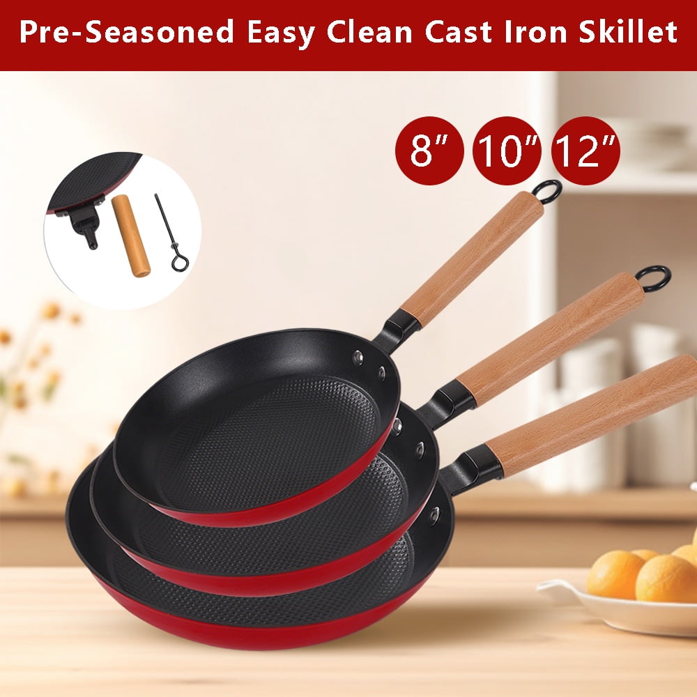 YUTANN 8/10/12" Red Cast Iron Skillet Set - 3-Pc Enameled Nonstick ...