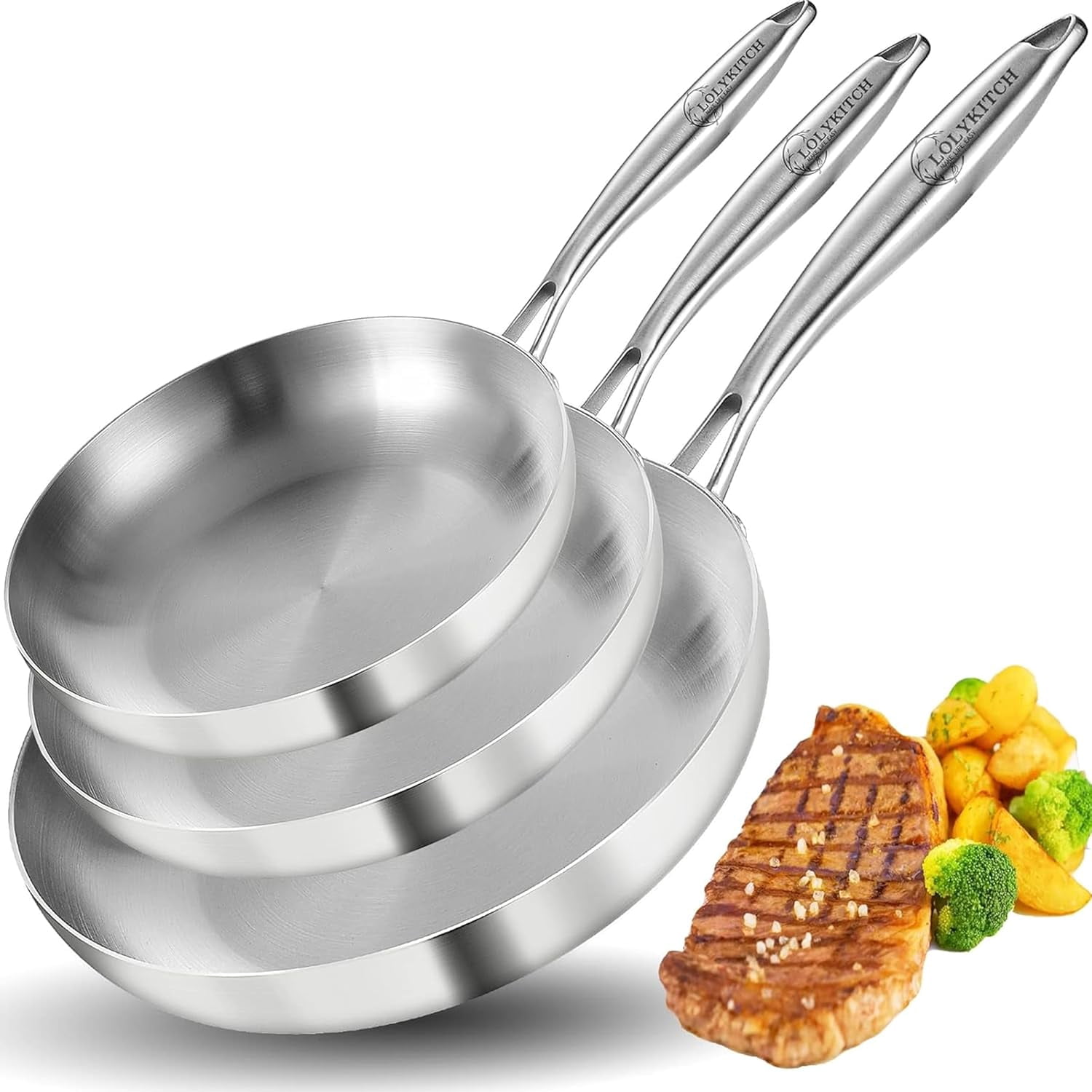 8-10-12 Inch Tri-Ply Stainless Steel Frying Pan Set of 3,Chef's Pans ...