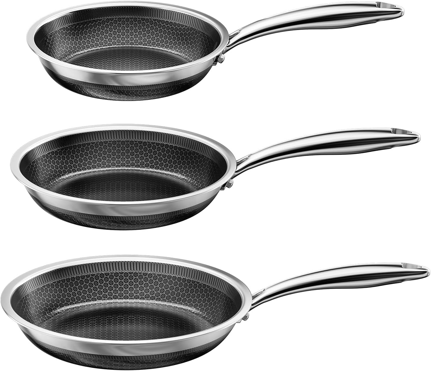 8" 10" 12" Non Stick Frying Pans, Stainless Steel Skillet with Lid, Tri ...
