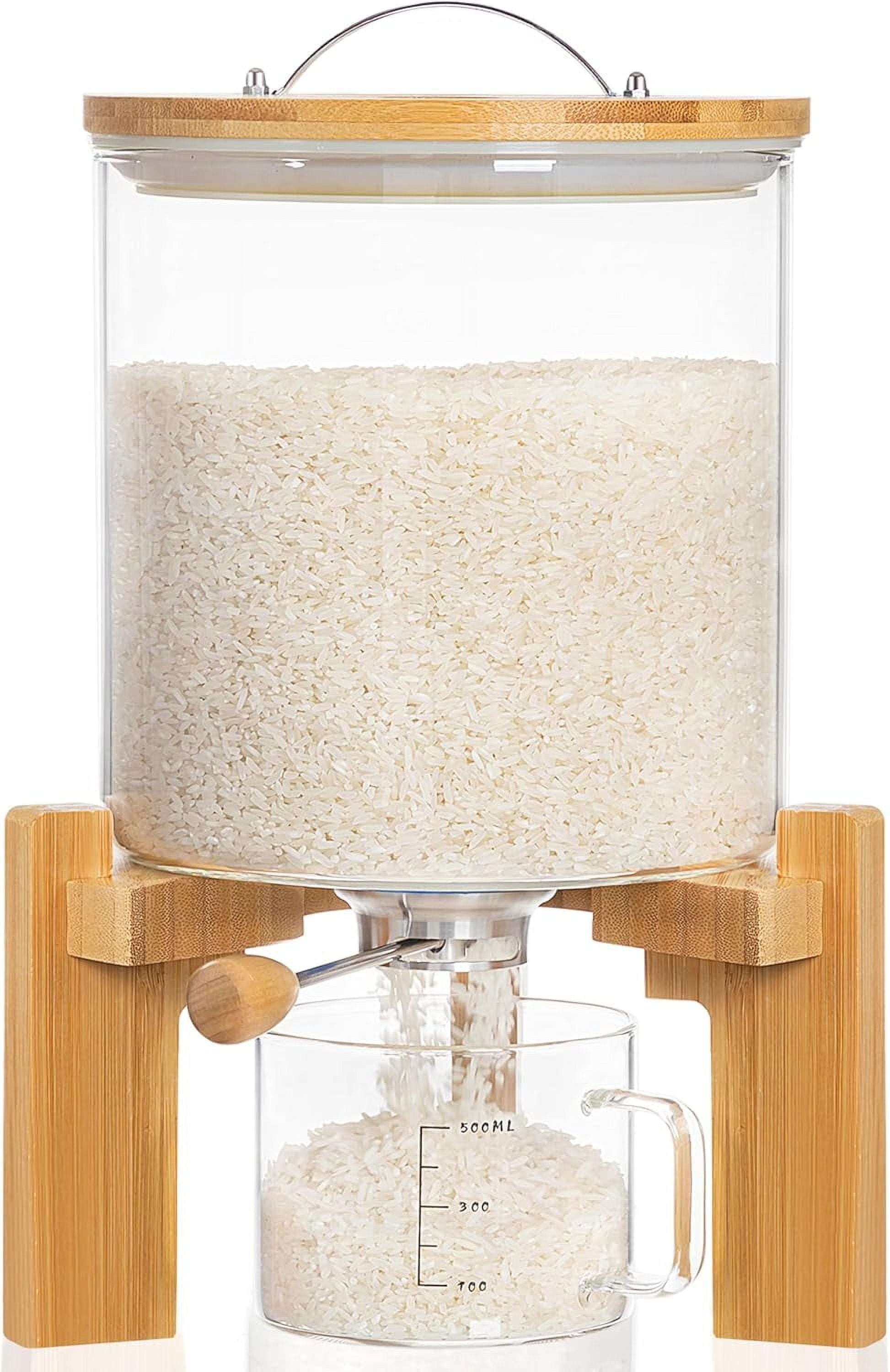 8-10 Lbs Glass Rice Dispenser with Wooden Stand Flour and Cereal ...