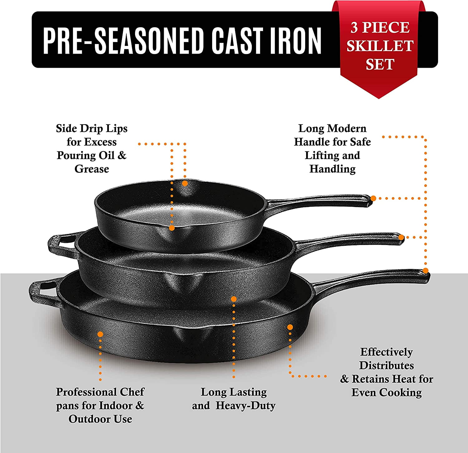 8, 10 and 12 Inch Pre-Seasoned Frying Pan Set of 3, Oven Safe Skillet ...