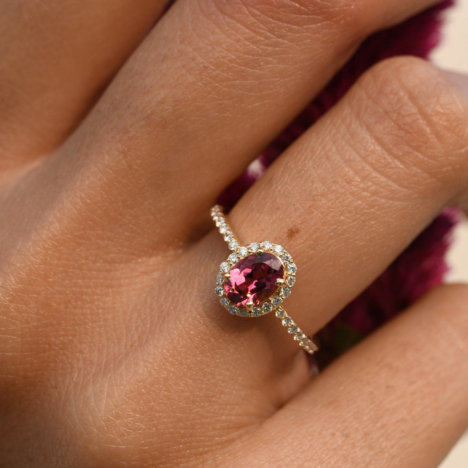 8*10 mm Natural Oval Pink Tourmaline Ring,Pave Set Halo Ring, 925 ...