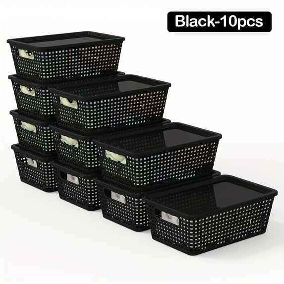 8/10pcs Stackable Plastic Storage Baskets with Lids – White & Black Multi-purpose Bins, Ideal ...