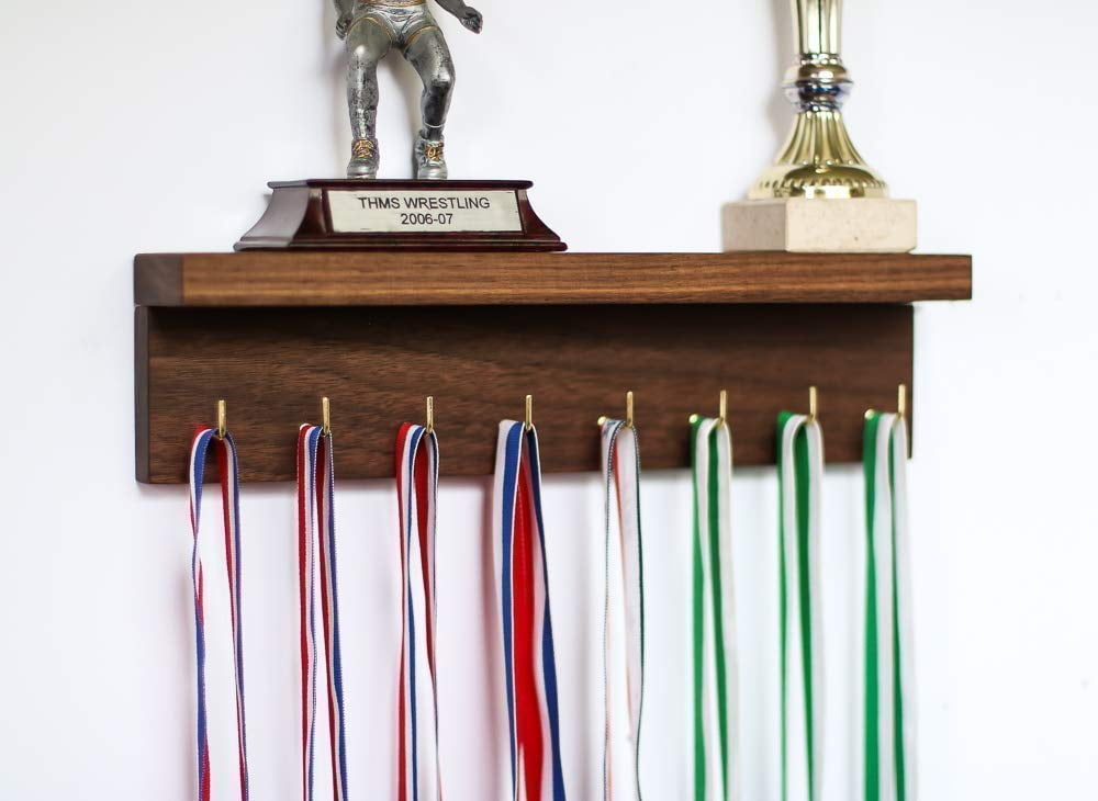 8 or 15 Hooks Cherry Walnut Natural Solid Wood Trophy Medal Ribbon ...