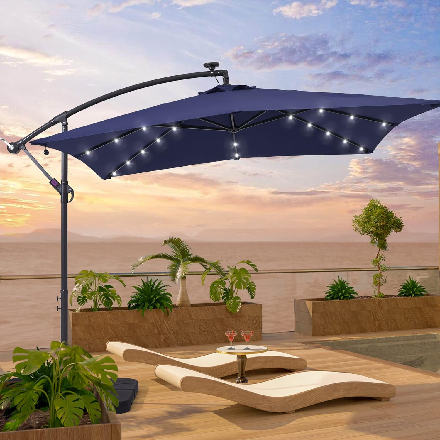 8.2×8.2FT Solar LED Offset Patio Umbrella, 32 LED Lighted Cantilever ...