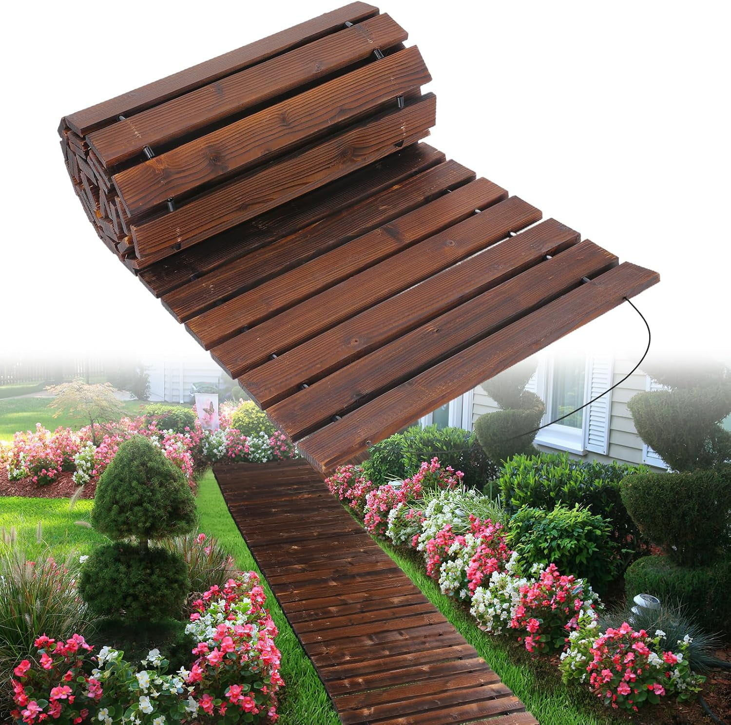 8.2 Ft Wooden Garden Pathway - Weather Resistant Carbonized Pine Roll ...