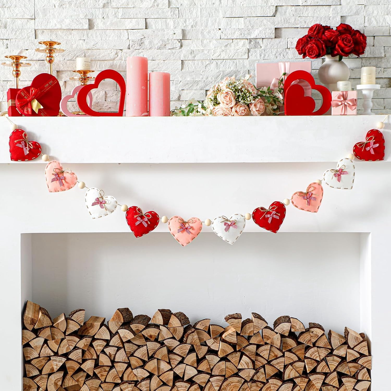8.2 ft Pink Heart Valentines Garland Felt Bow Heart Banner Rustic ...