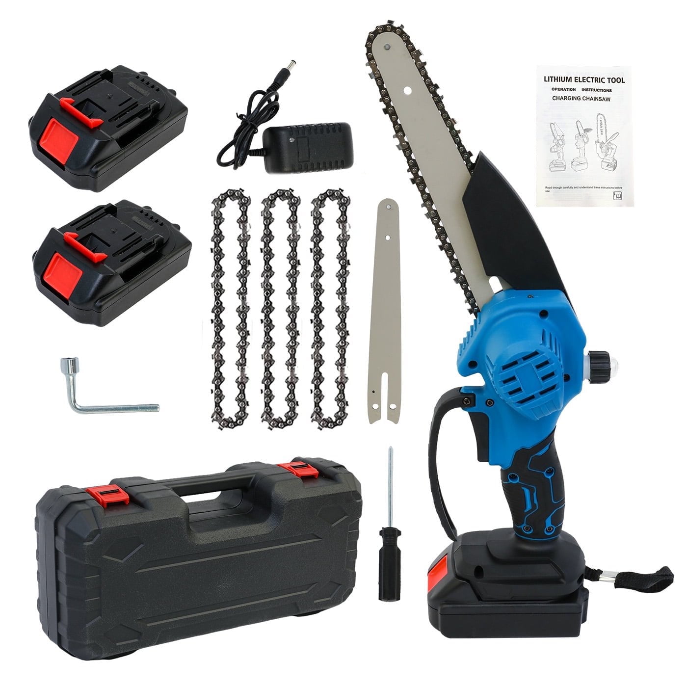 8" 21V 1500mAh Cordless Handheld Chainsaw with 2 Batteries And 3 Chains ...