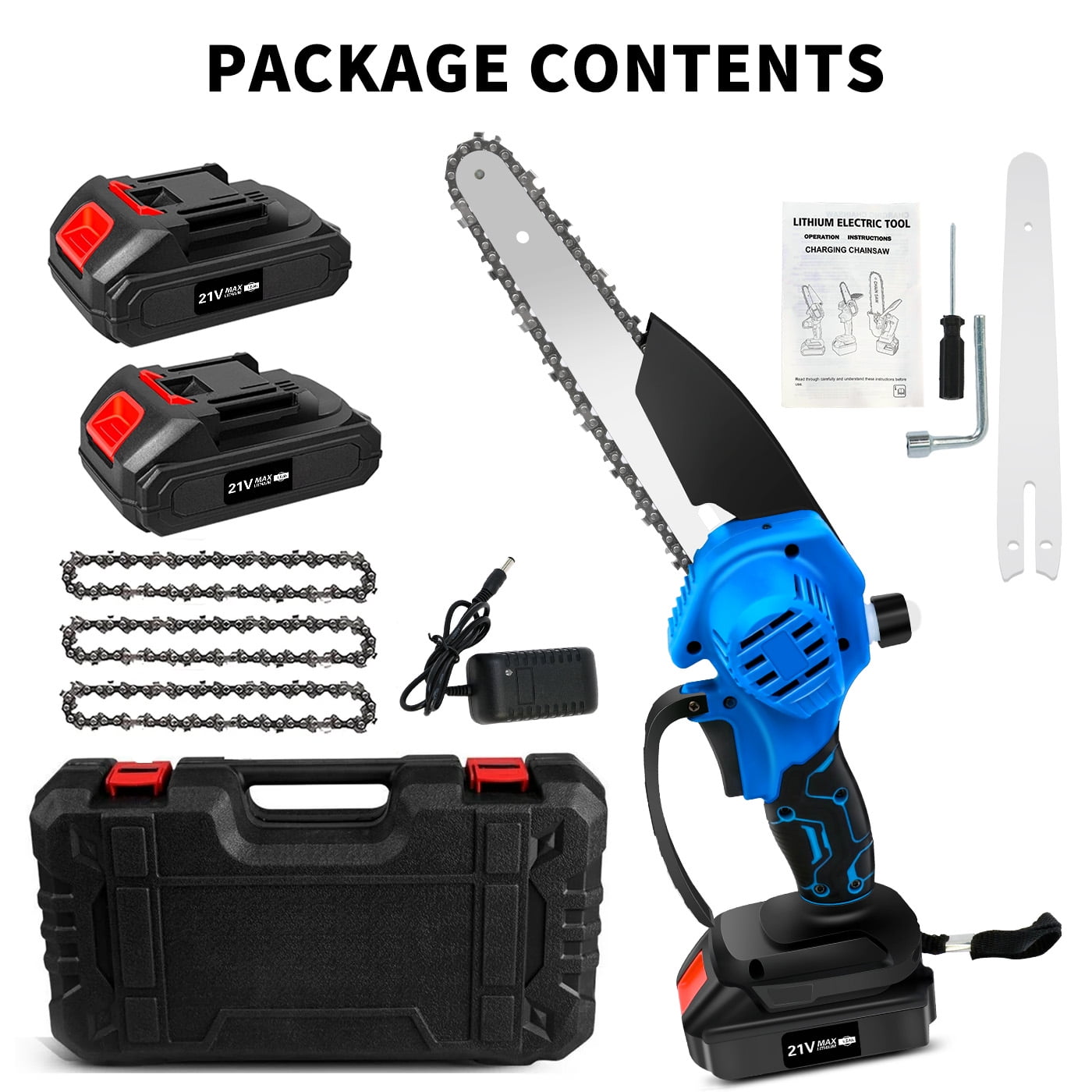 8" 21V 1500mAh Cordless Handheld Chainsaw with 2 Batteries And 3 Chains ...