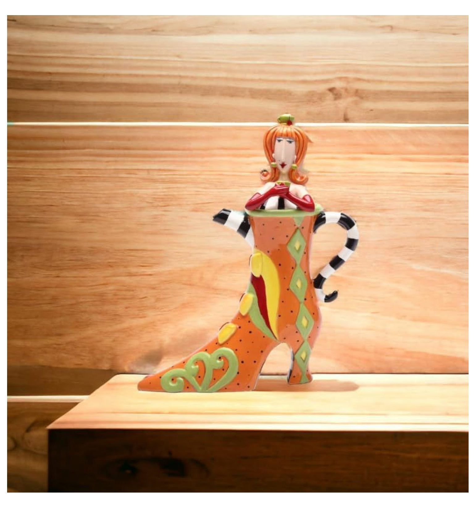 8.25 Inch "Dollymama" Orange Boot with Green Flourishes 6 Once Teapot ...