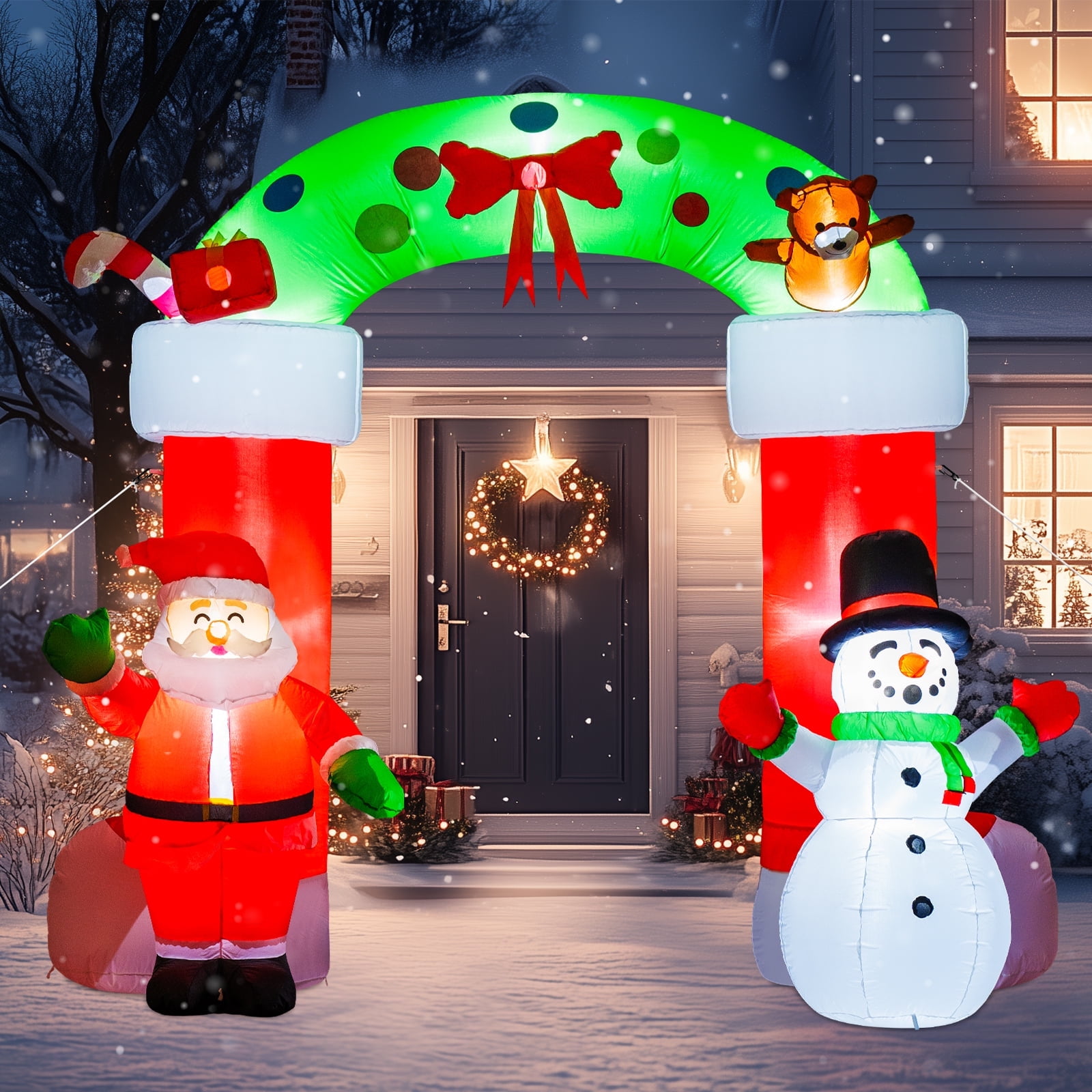 8.2Ft Lighted Christmas Inflatable Archway, Inflatable Santa Claus and Snowman Arch Indoor and ...