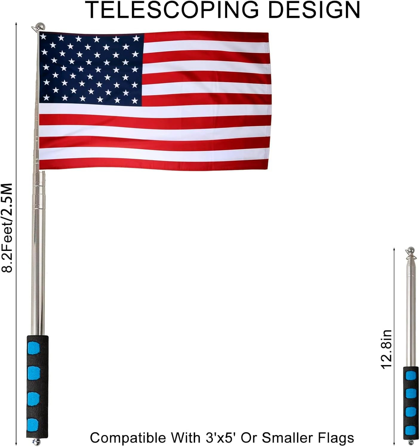 8.2Ft Telescopic Handheld Flagpoles With Clips Portable Flag Pole ...