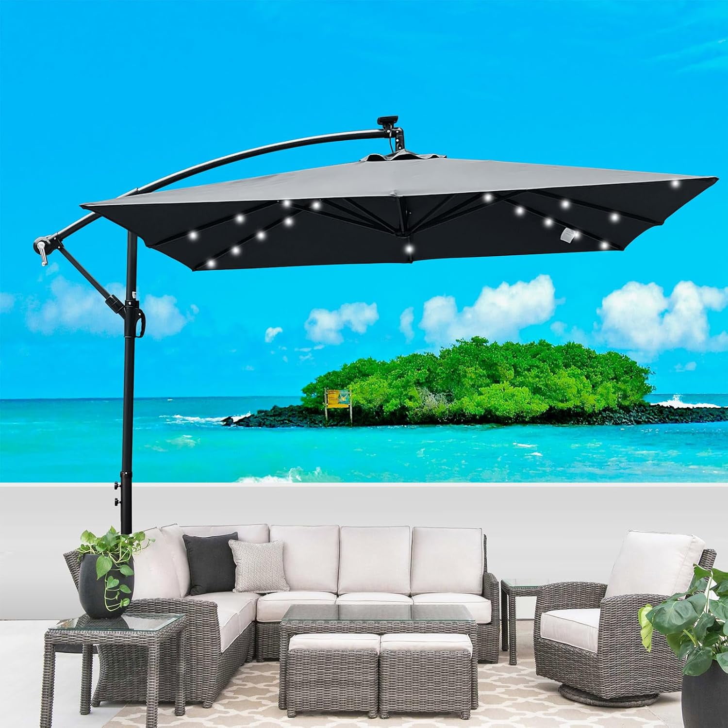 8.2x8.2 FT Outdoor Patio Umbrella Solar Powered Cantilever Square Umbrella with 32 LED Lighted ...