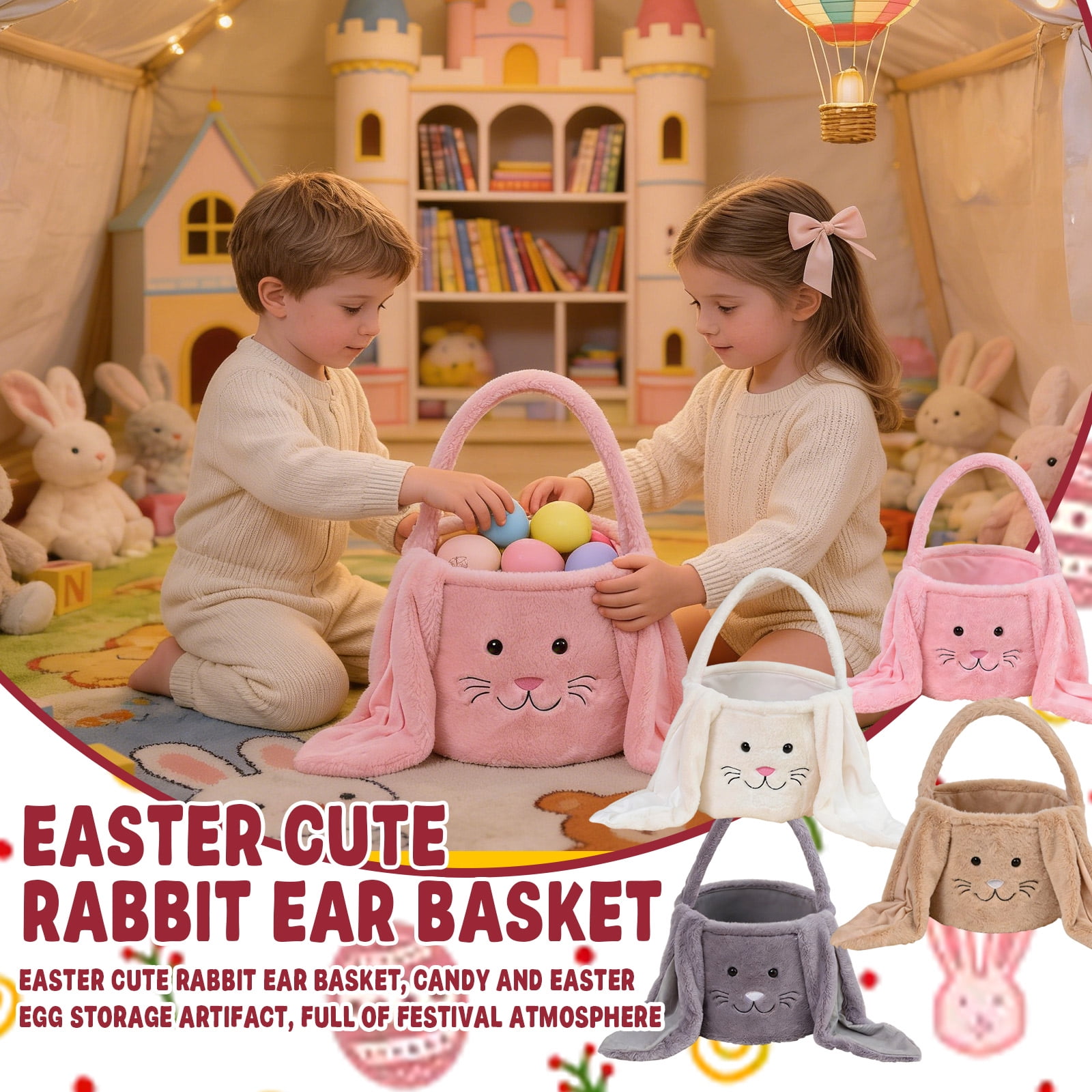 8.3"×14.2" Plush Easter Bunny Basket Bags, Rabbit Bucket Tote with Long ...