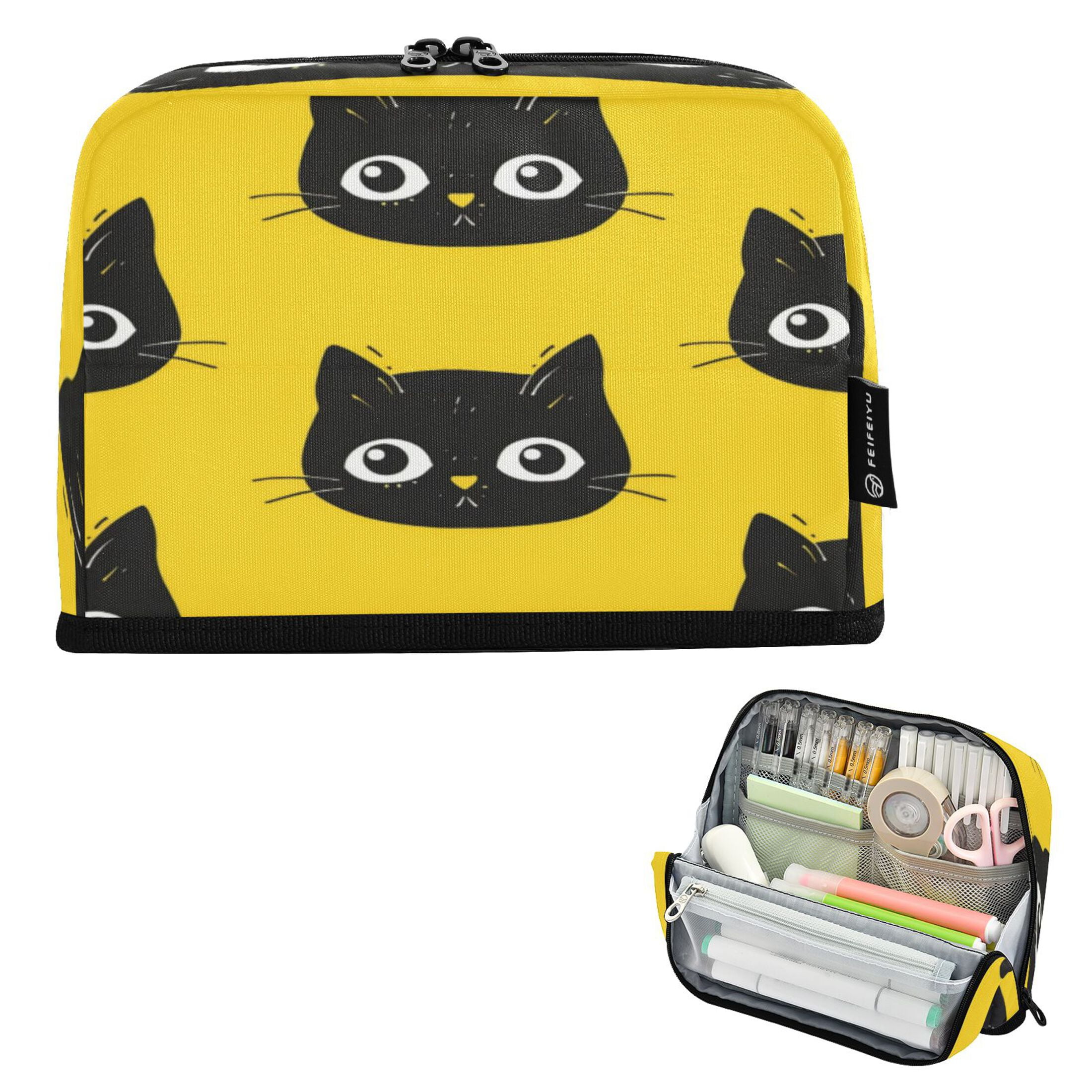 8.3"x5.9" Large-Capacity Multi-Pocket Vertical Pencil Case Black Cat ...