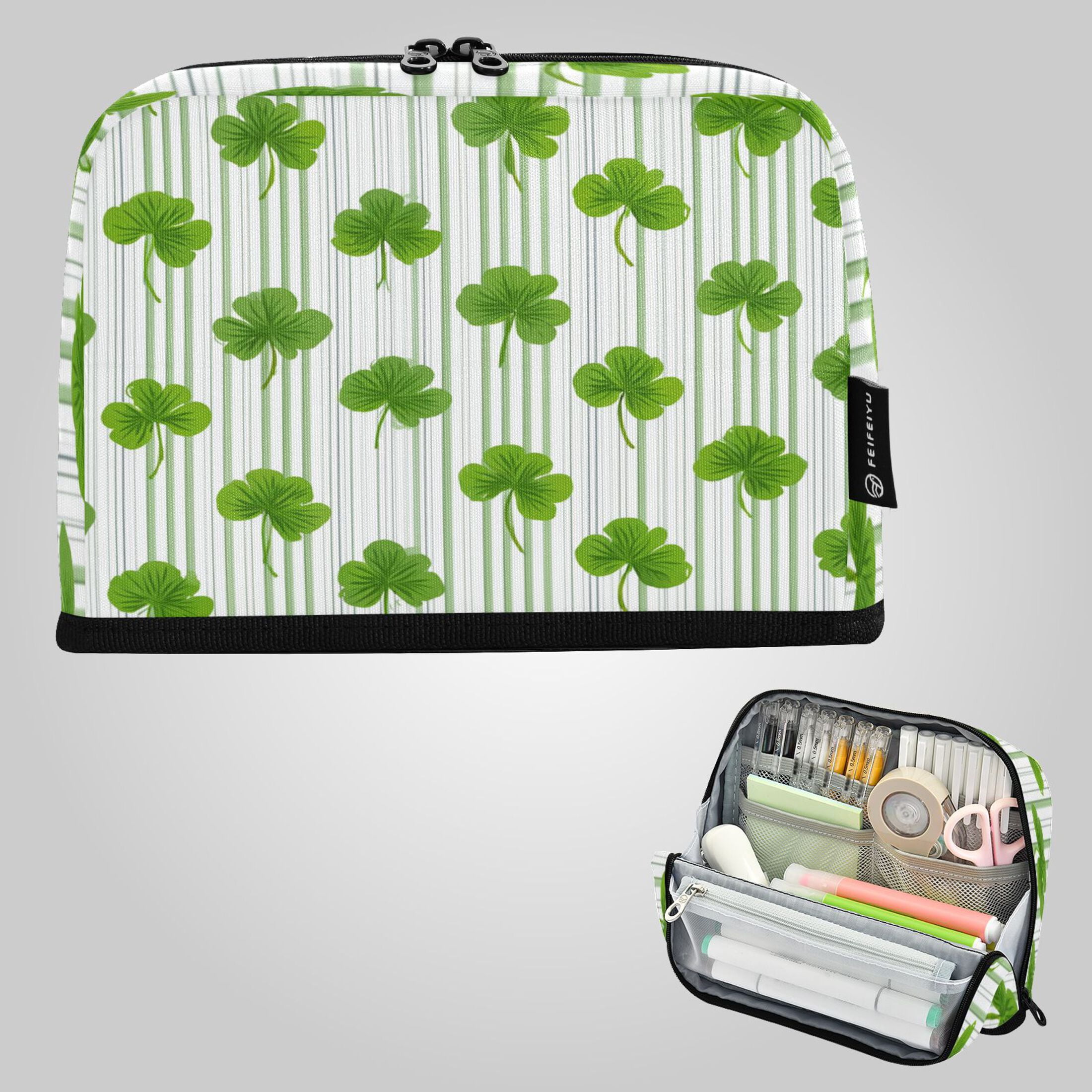 8.3"x5.9" Large-Capacity Multi-Pocket Vertical Pencil Case Green Clover ...