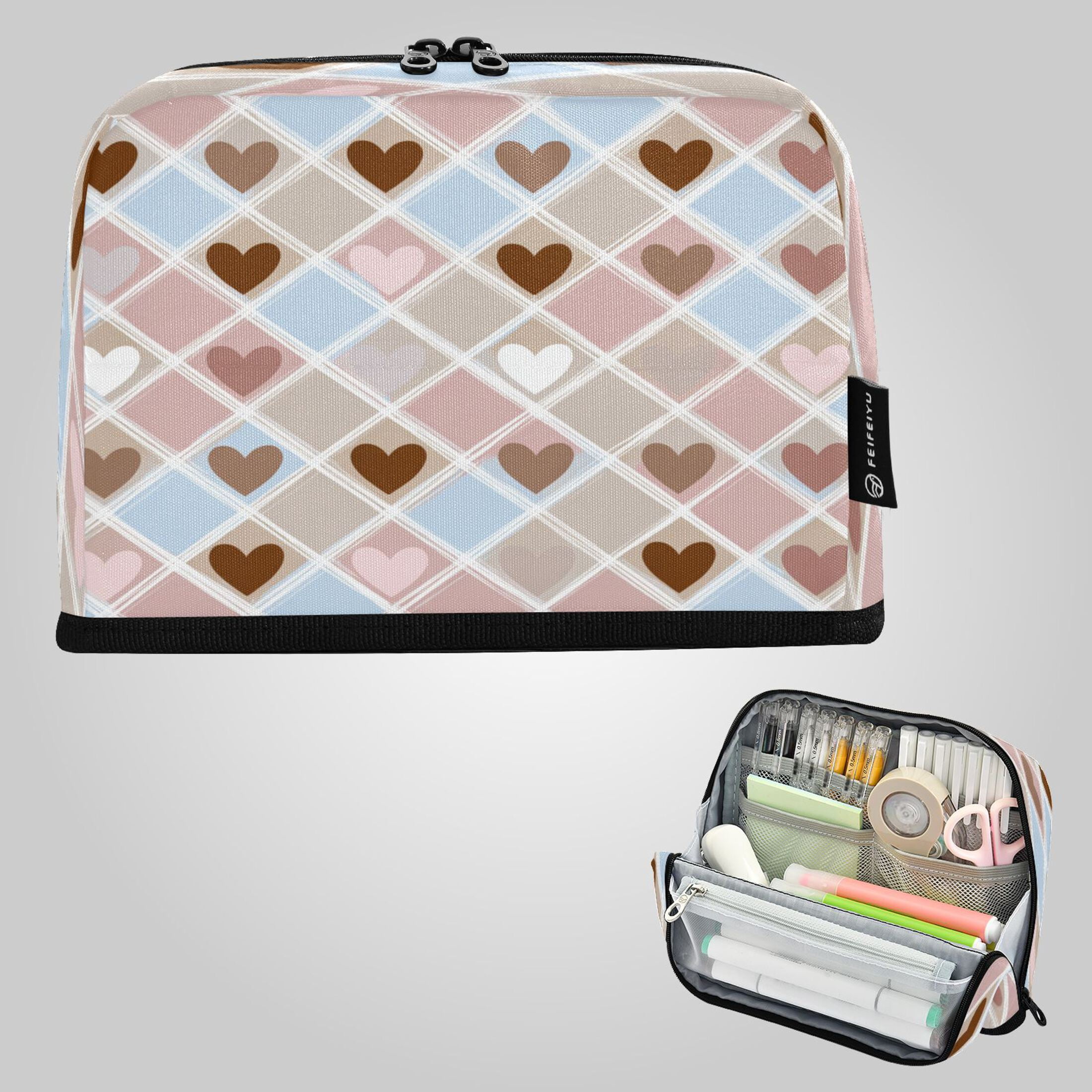 8.3"x5.9" Large-Capacity Multi-Pocket Vertical Pencil Case Pastel Heart ...