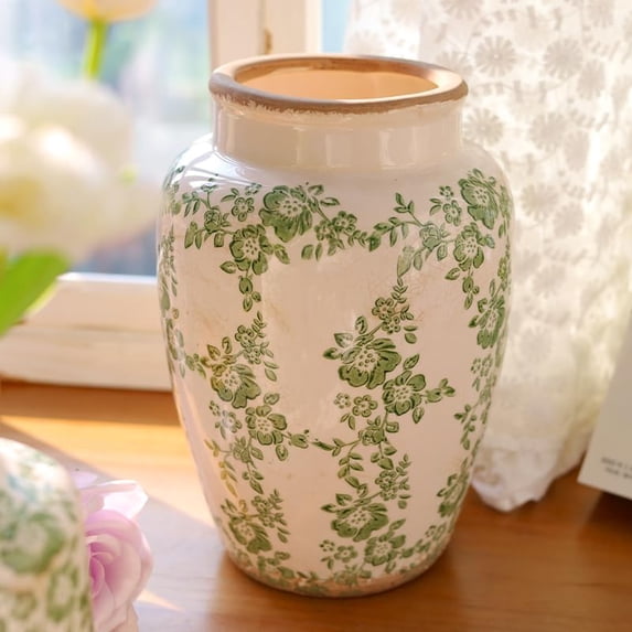 8" Retro Crackle Glaze Ceramic Vase Rustic Green Vases Decorative Vases ...