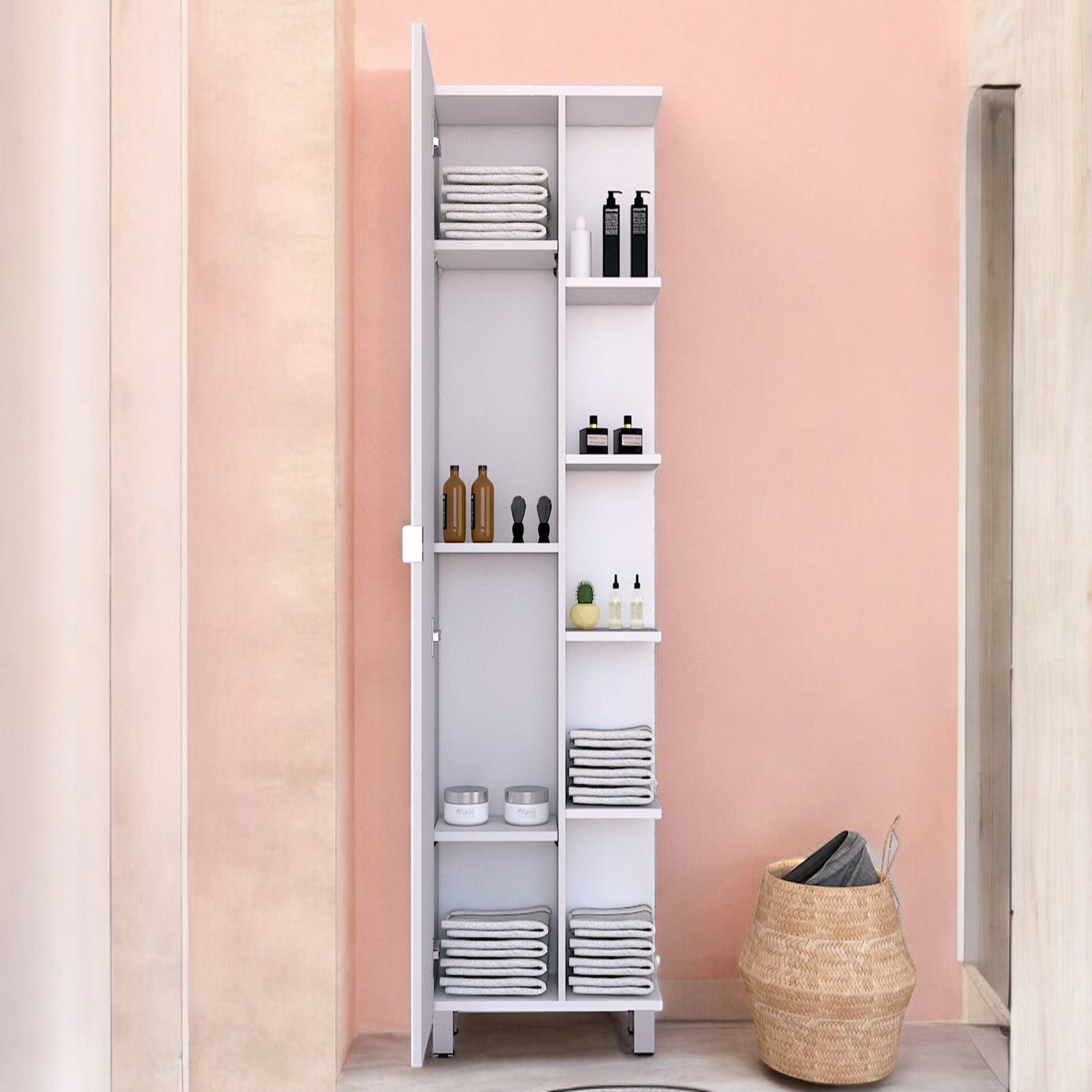 8.45 Inch Tall White Cabinet with Adjustable Shelves and Door Storage ...