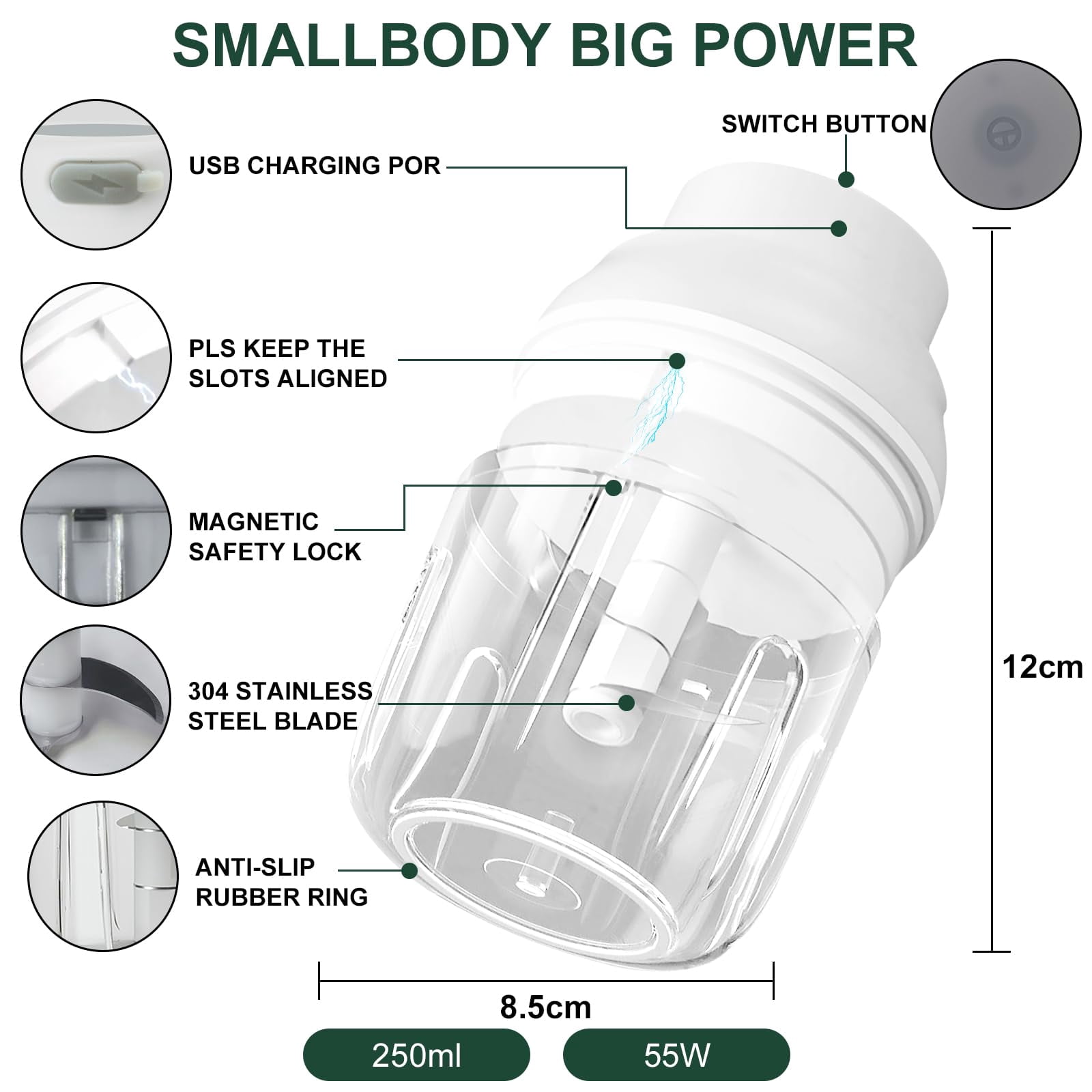8.45oz 45W Portable Eletric Food Chopper, with 1200mAh Battery ...