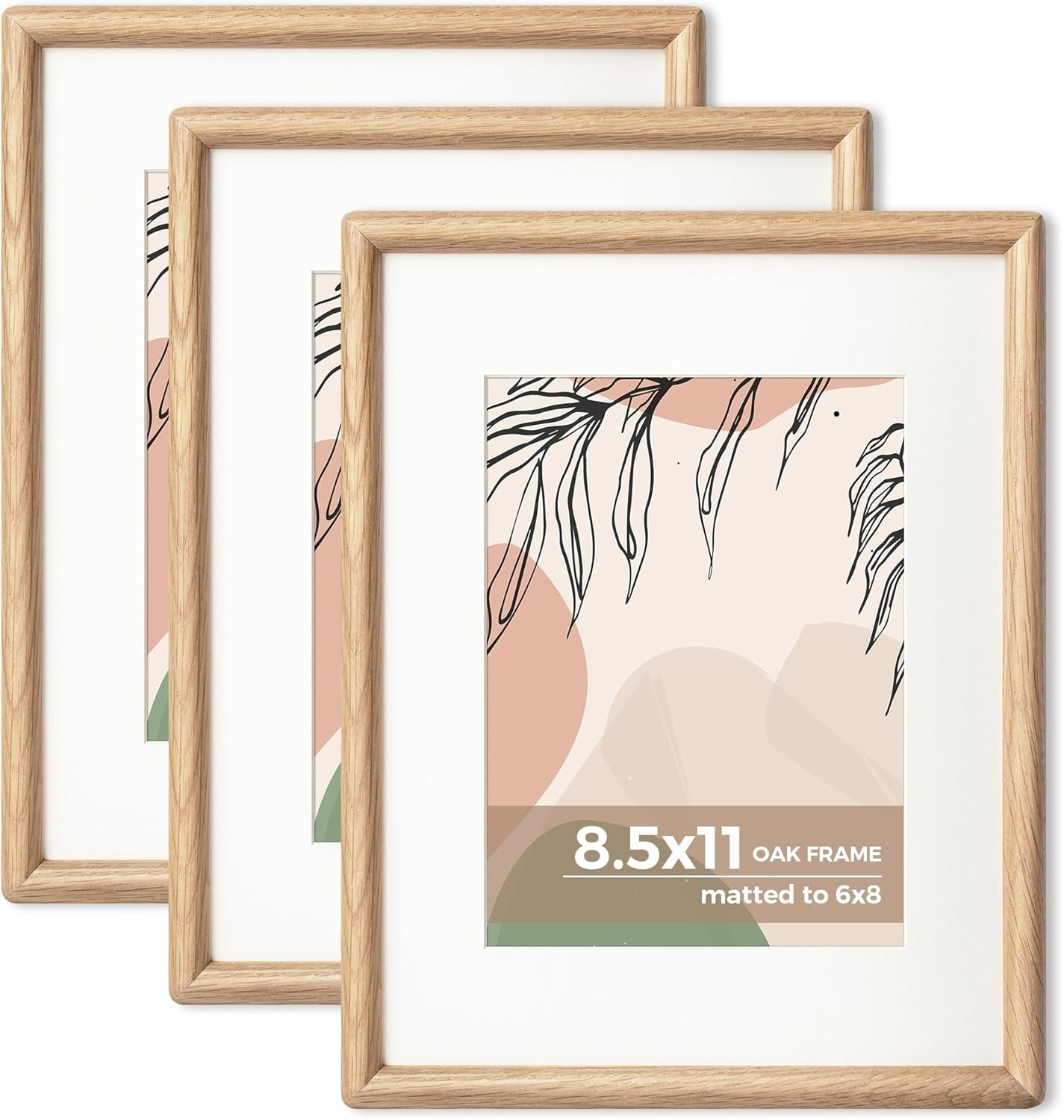 8.5 by 11 Picture Frame Set of 3 - Solid Oak Frame 8.5 x 11 Matted to ...