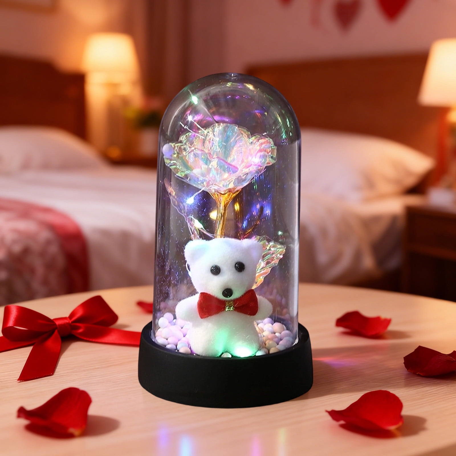 8.5*15.5Cm Flower Bear Bow Rose Glass Rose Lamp,Eternal Rose In Glass ...