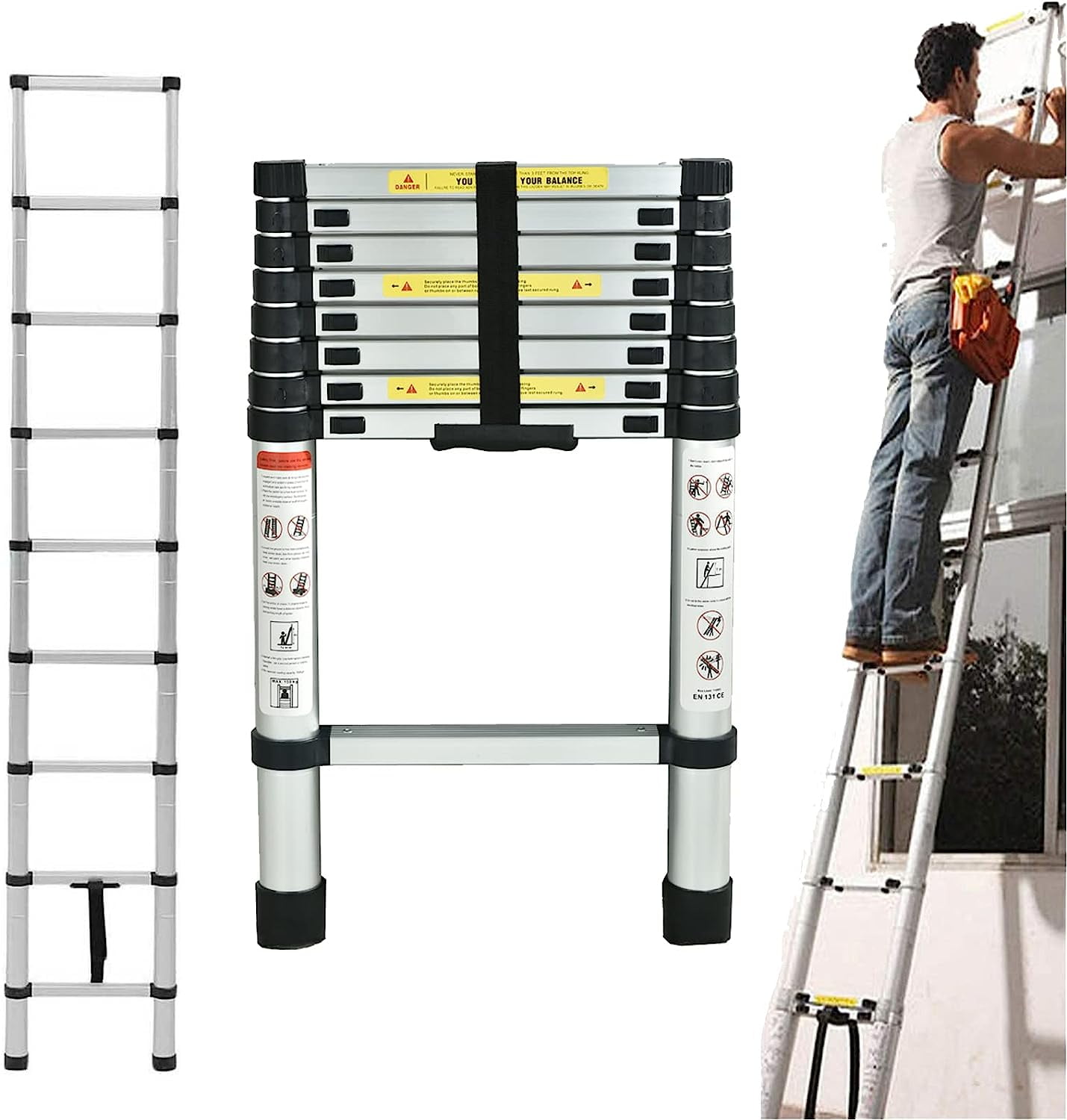 8.5 FT Aluminum Telescoping Ladder, Extension Ladder Collapsible Ladder ...