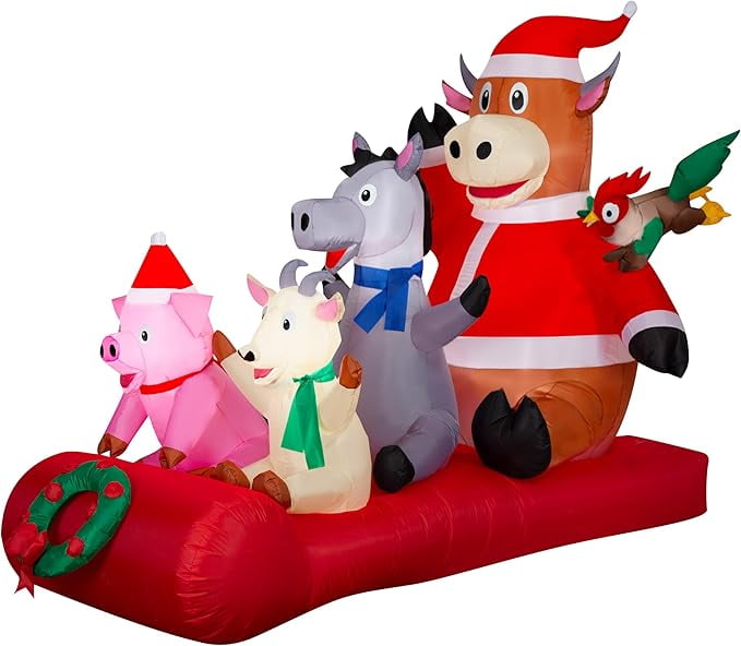 8.5' Gemmy Airblown Inflatable Christmas Farm Animal Sledding Scene ...