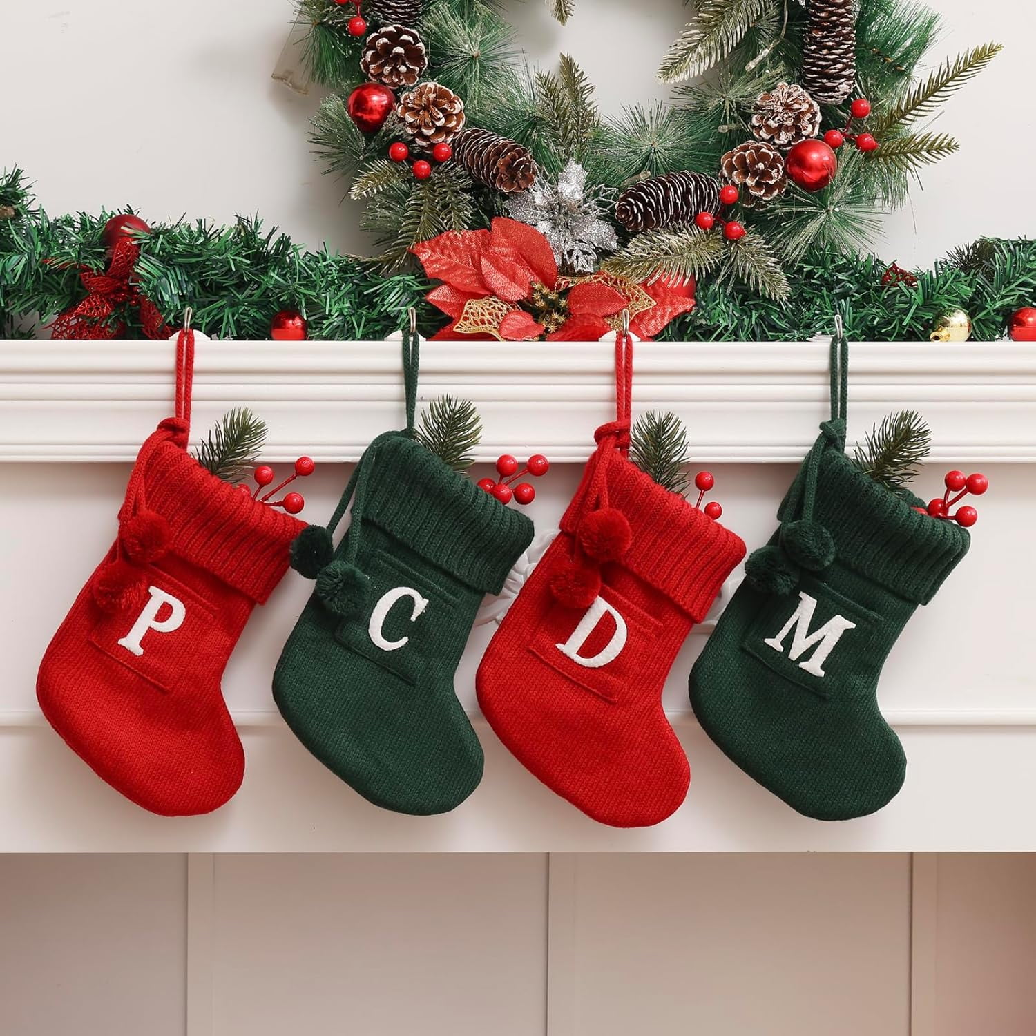 8.5 Inches Embroidered Letter Christmas Stocking Knitted Initials Red ...