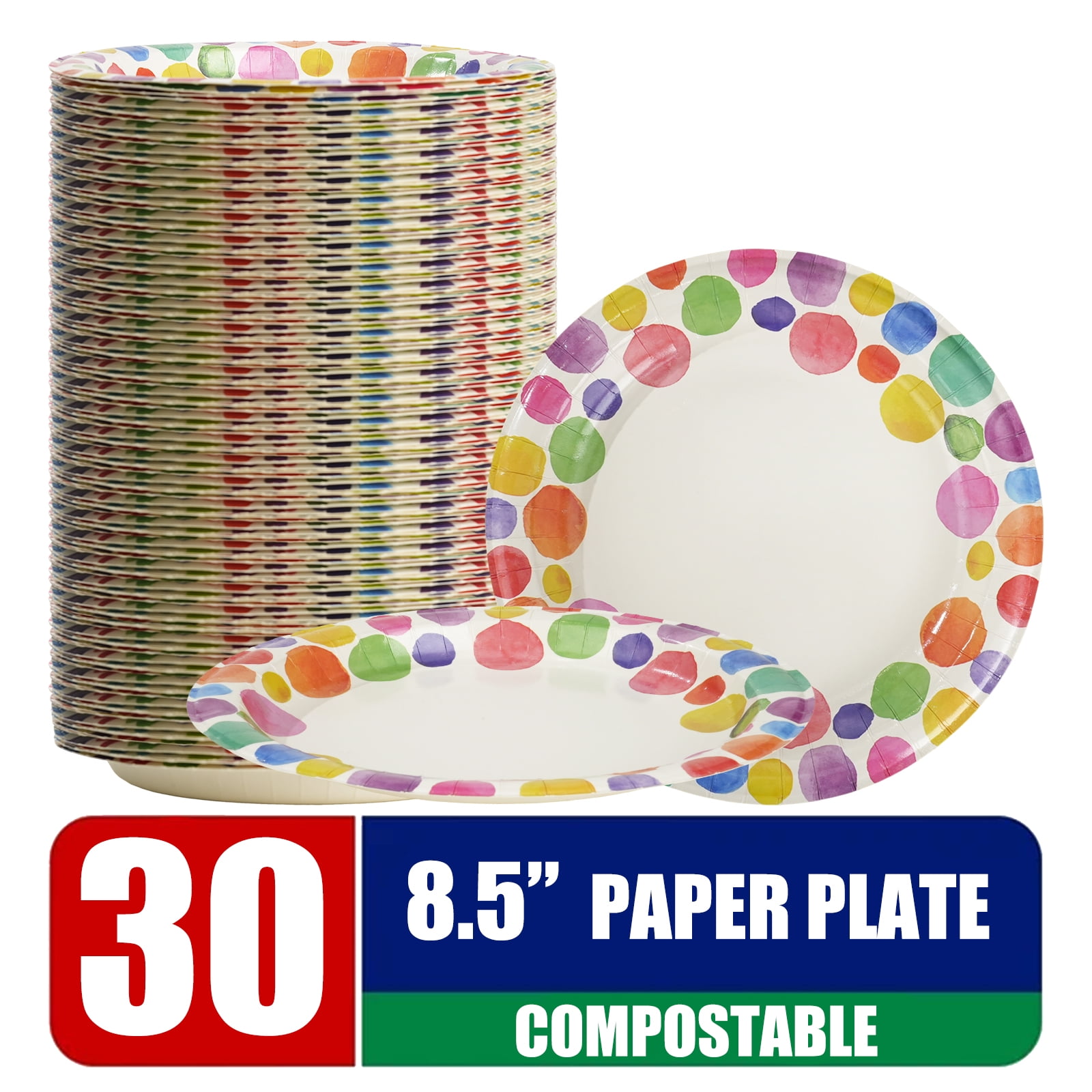 8.5 inch Paper Plates Disposable, 30 Pack Compostable Heavy Duty Round ...