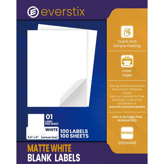 8.5" x 11", 100 Sheets, 100 Printable White Sticker Paper, Full Sheet Shipping Labels for Laser ...